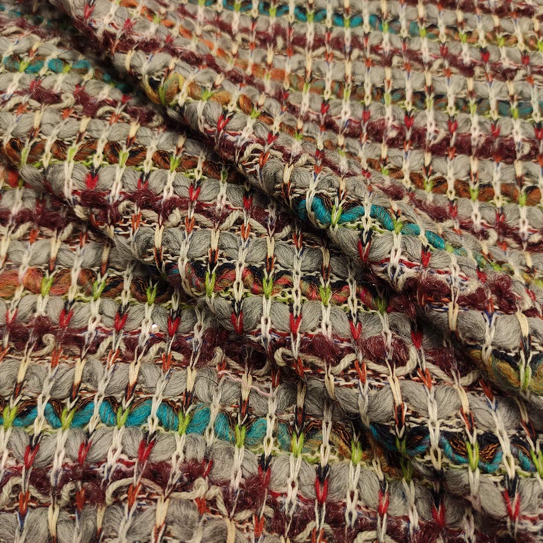 Tessuto Tweed Bouclé in maglia grigio - verde - arancione - Iaia Tessuti Tessuto Tweed Bouclé in maglia grigio - verde - arancione - Iaia Tessuti