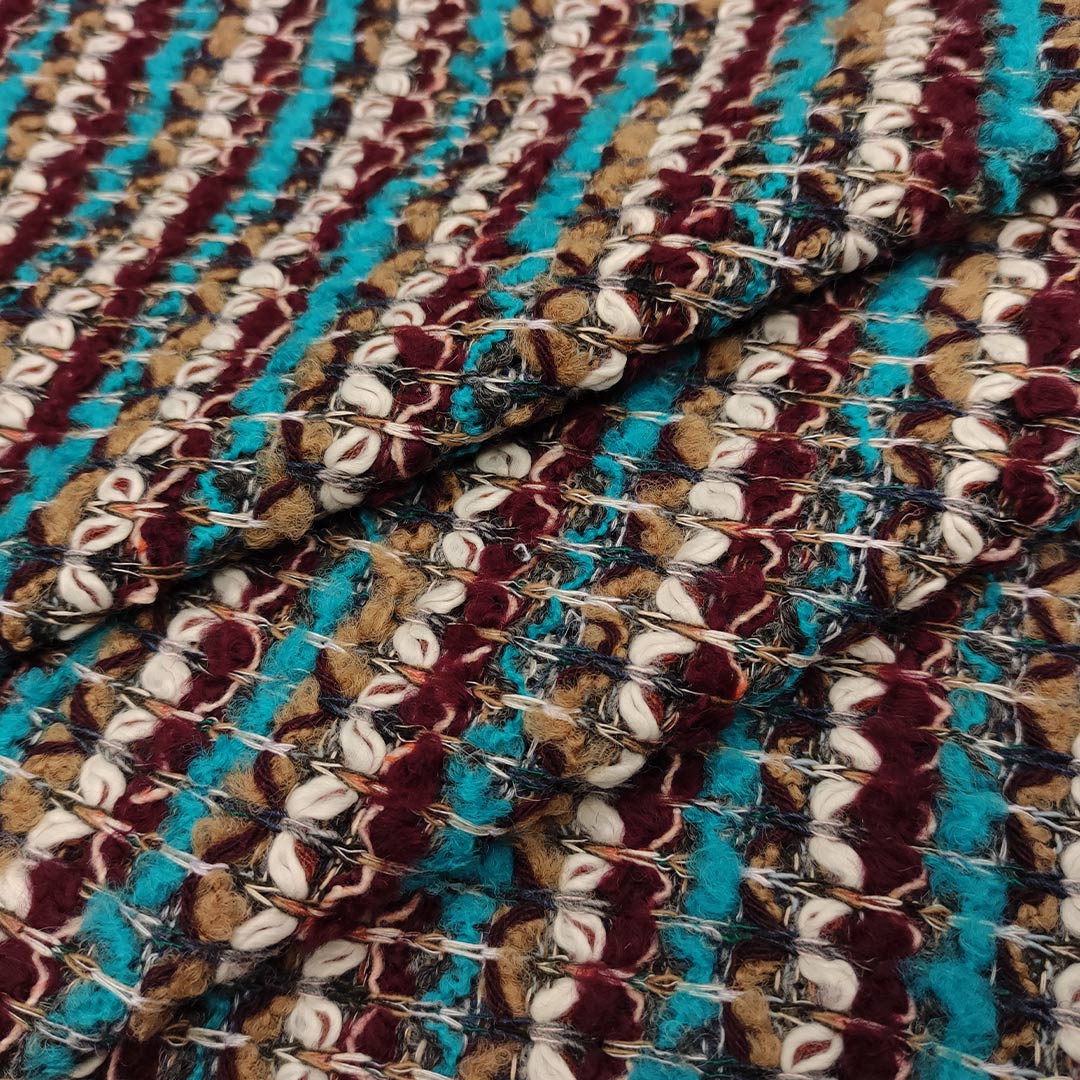 Tessuto Tweed Bouclè in maglia turchese - bordeaux - bianco - Iaia Tessuti Tessuto Tweed Bouclè in maglia turchese - bordeaux - bianco - Iaia Tessuti