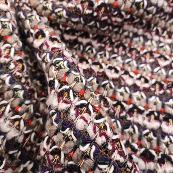 Tessuto Tweed Bouclé in maglia viola - bianco - nero - Iaia Tessuti Tessuto Tweed Bouclé in maglia viola - bianco - nero - Iaia Tessuti