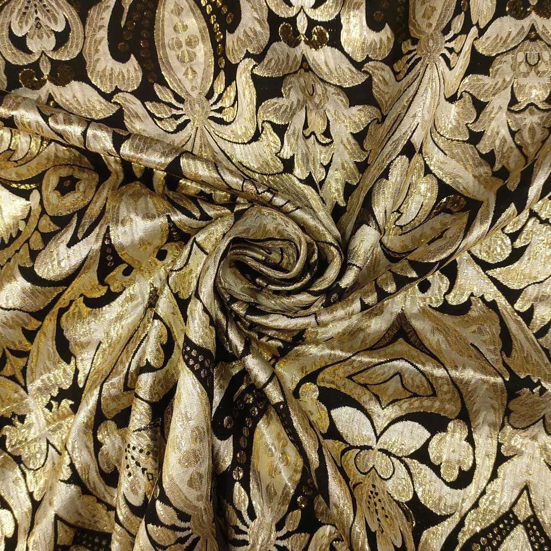Tessuto broccato a fantasia motivo floreale cashmere oro - nero ...