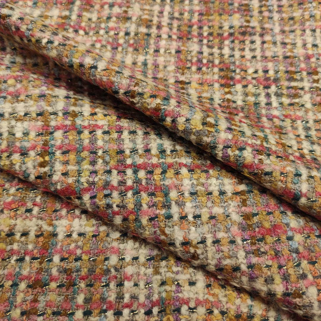 Tessuto Tweed Bouclé in lana lilla - fucsia - beige - Iaiatessuti