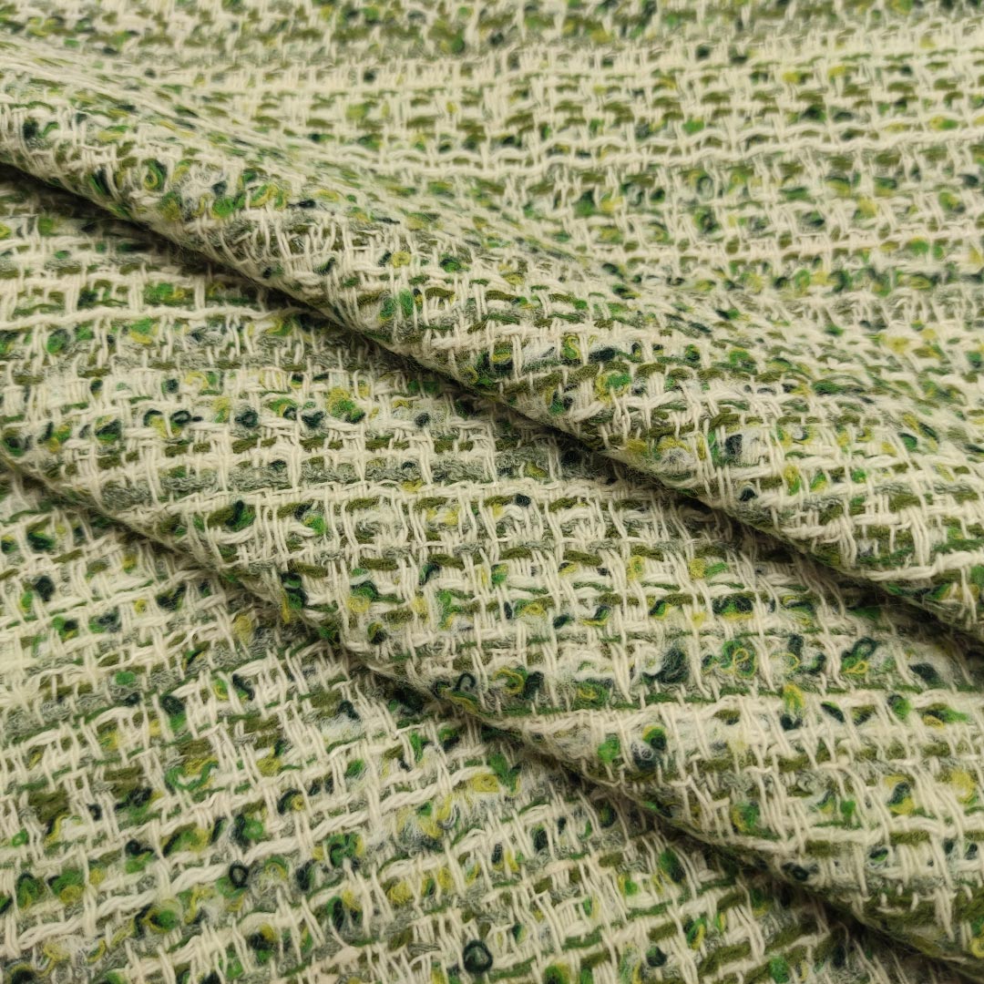 Tessuto Tweed Bouclé in lana verde - panna - Iaiatessuti